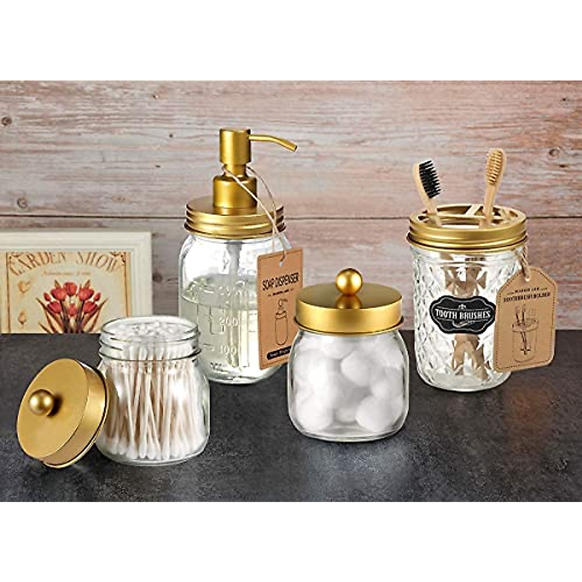 Amolliar 4PCS & 2pcs Gold Mason Jar Bathroom Accessories Set-3pcs Lotion Soap Dispenser & 2 pcs Cotton Swab Holder &1pcs Toothbrush Holder,Waterproof Stickers,Rustic Farmhouse Decor