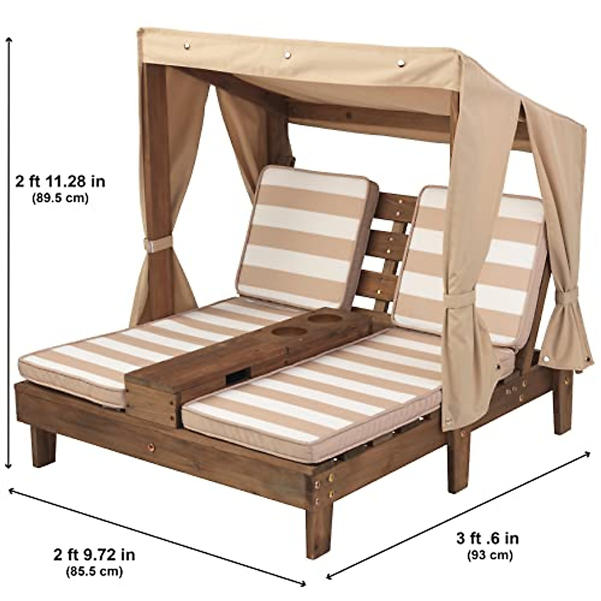 KidKraft Wooden Outdoor Double Chaise Lounge with Cup Holders, Patio Furniture for Kids or Pets, Espresso with Oatmeal and White Striped Fabric
