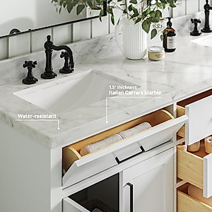 DKB Isabella Double Vanity 73" White with 1.5" Edge Italian Carrara Marble Countertop & Splash, Rectangular Sinks, 4 Soft Closing Doors, 6 Full Extension Dovetail Drawers, Toe Kick, Matte Black
