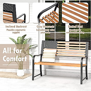 Giantex Outdoor Bench, 2-Person Metal Garden Bench with American Flag Backrest, Curved Armrests & Slatted Seat, 660 Lbs Capacity, Outdoor Bench for Lawn, Porch, Yard, Park Bench