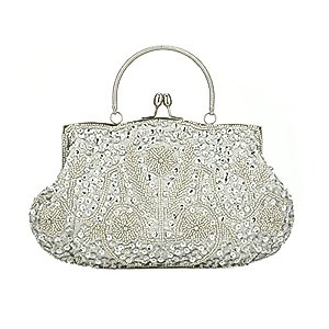 Women Beaded Sequin Design Flowers Evening Wedding Clutch Handbag Purse Vintage Beaded Embroidery Crossbody Evening Bag (Silver)