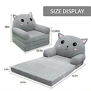 Toddler Chair Kids Sofa - Toddler Sofa Kids Couch Fold Out, 2 in 1 Flip Out Couch and Mini Sofa for Girls and Boys, Baby Couch for 1-4 Year Olds - Cute and Comfy Baby Sofa (Gray Cat)