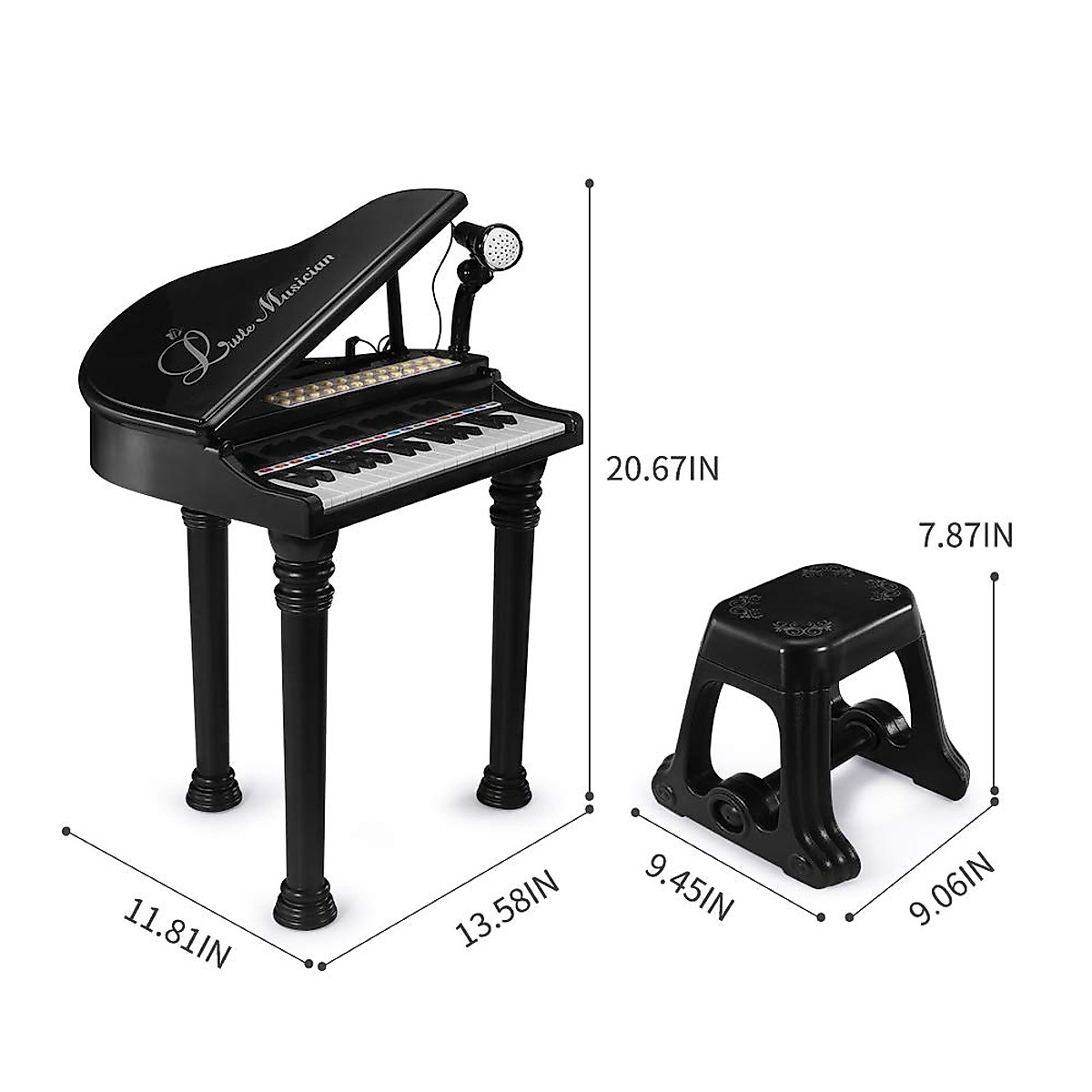 Kids Piano Keyboard Toys 31 Keys,Grand Piano for Beginners,3 4 5 6 Years Old Toddler Girl Boy Gift,Educational Musical Instrument,w/Microphone,Stool,Piano Lid,Lights,Note Stickers,Enamel Finish- Black