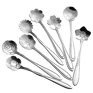 AnSaw 8 Pcs Flower Spoon Set, Stainless Steel Reusable Tea Scoops Stirring Spoon Coffee Spoon Mixing Spoon Sugar Dessert Cake Spoon Ice Cream Spoons Tableware for Tea Parties (length:4.9 inch, Silver)