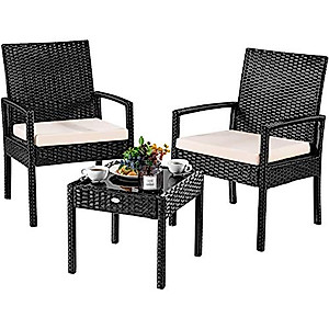 Casart 3-Piece Rattan Conversation Set, Outdoor Wicker Table and Chairs for Bistro Garden Backyard Poolside, Patio Furniture Set with Cushioned Seats and Tempered Glass Table