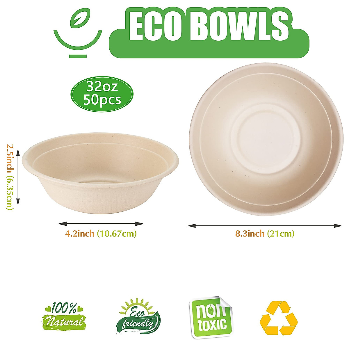 Green Tree Products Disposable Paper Bowls, 32 Oz [50 Pack] Large Bowl-100% Compostable, Biodegradable, Eco-friendly - Convenient for Daily Use for Salad, Hot Soup, and Pasta