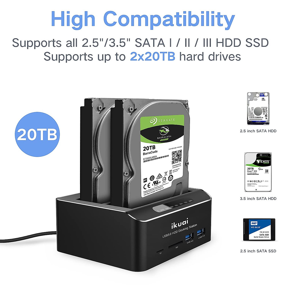 ikuai SATA to USB 3.0 Multi-function Dual Bay Hard Drive Dock+ 13 Port USB 3.0 Aluminum Hub with 72W (12V/6A) Power Adapter