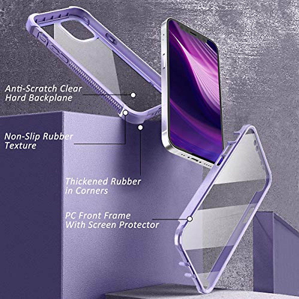Dexnor Clear Case Compatible with iPhone 12 Mini Case with Screen Protector Rugged Full Body Protective Shockproof Hard Defender Heavy Duty Cover TPU Bumper Case for iPhone 12 Mini 5.4 inch, Purple
