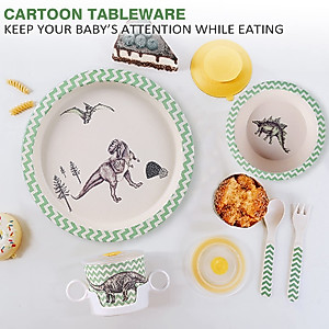 Greentainer 5 PC Kids Toddler Dinnerware Sets Bamboo Toddlers Dishes Set Kids Feeding Plates and Bowls Sets with Sunction and Utensil Flatware Durable & BPA Free