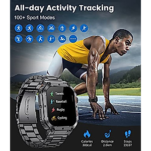 Smart Watches For Men Rugged Make/Answer Calls Voice Assistant 1.96in IPS Big Screen 400mAh Long-Lasting Battery 5ATM Waterproof Fitness Heart Rate Step Calorie Tracker Android iOS Men's Smartwatch