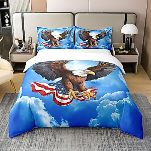 Watercolor Eagle 100% Nature Cotton Duvet Cover,American Flag Red Stripes Stars Bedding Set for Room Decor,Blue Sky Natural Landscape All Season Bedding with Zipper Closure Queen Size