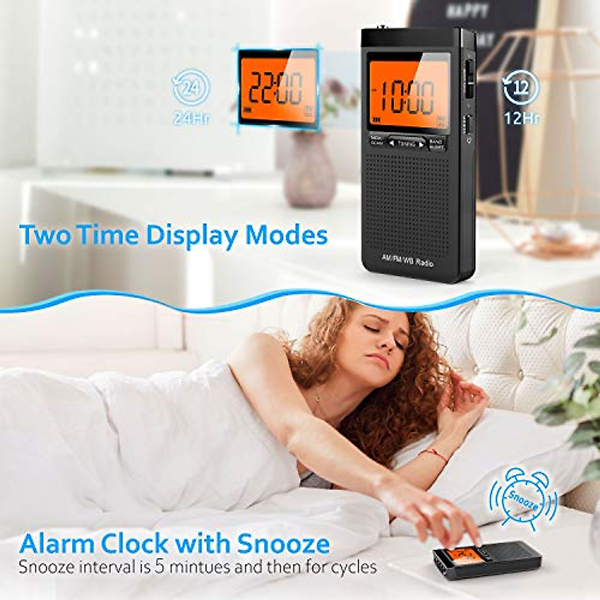 Greadio AM/FM Weather Alert Radio, Portable Transistor NOAA Radio with Best Reception, Battery Operated by 2 AAA batteries, LCD Display,Earphone Jack,Time Setting Pocket Radio for Home,Walking,Running