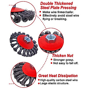 Rocaris 6 Pack Wire Wheel Cup Brush, 3 & 4 Inch Twisted Knotted & Coarse Crimped Cup Brush for Angle Grinders, 5/8 -11 Inch Threaded Arbor