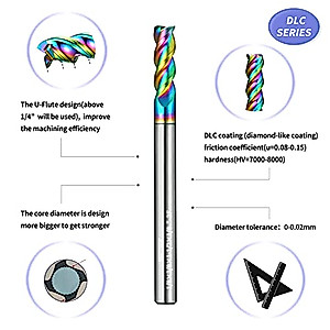 WEXWE Tools DLC Series Carbide Square End Mill, Diamond-Like Coating, End Mill for Aluminum, Copper, Magnesium Alloys, High Silicon Aluminum, Composite Materials,3 Flute,1/8 Shank(.125(1/8)", 5pcs)