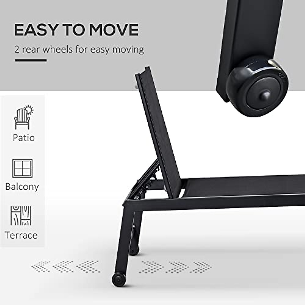 Outsunny Chaise Lounge Outdoor Pool Chair with Wheels, Five Position Recliner for Suntanning, Sunbathing, Steel Frame, Teslin for Beach Yard, Patio, Black