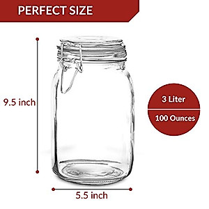 Set of 2 Large Glass Mason Jar with Lid (3 Liter) | Airtight Glass Storage Container for Food, Flour, Pasta, Coffee, Candy, Dog Treats, Snacks & More | Glass Organization Canisters 100 Ounces