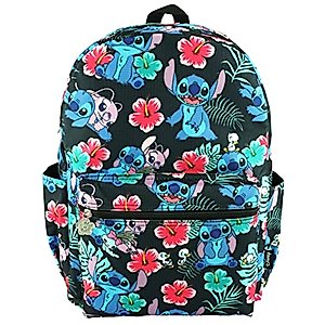 Lilo and Stitch 16 Inch Allover Print Backpack with Laptop Sleeve (Black W/Side Pockets)