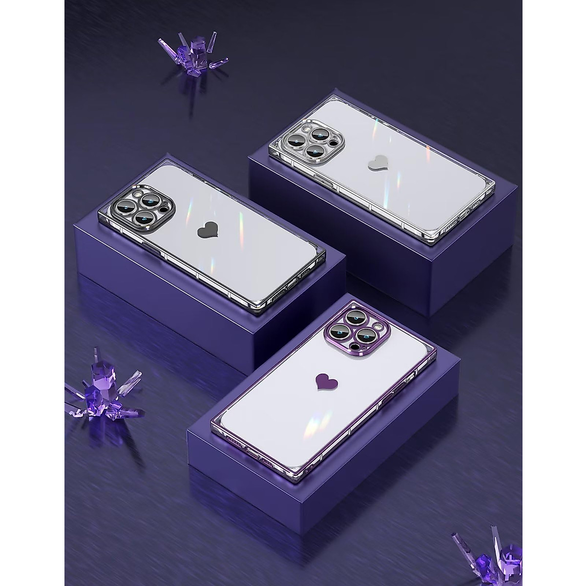 Tzomsze for iPhone 14 Pro Max Case Square [2 in 1] Clear &Glitter Cute Heart Pattern,Full Lens Protection & Electroplate Reinforced Corners Shockproof Edge Bumper Case [6.7 inches] -Purple