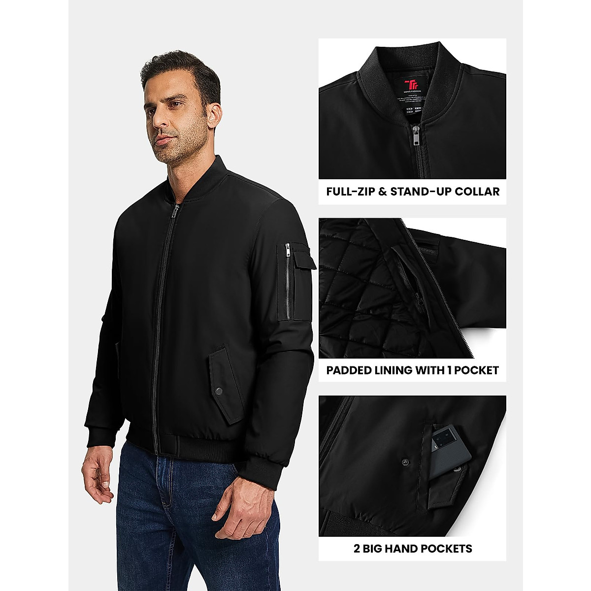 TBMPOY Men's Bomber Jacket Lightweight Winter Windbreaker Zip Up Padded Softshell Windproof Water-Resistant Casual Fall Coat Black XS