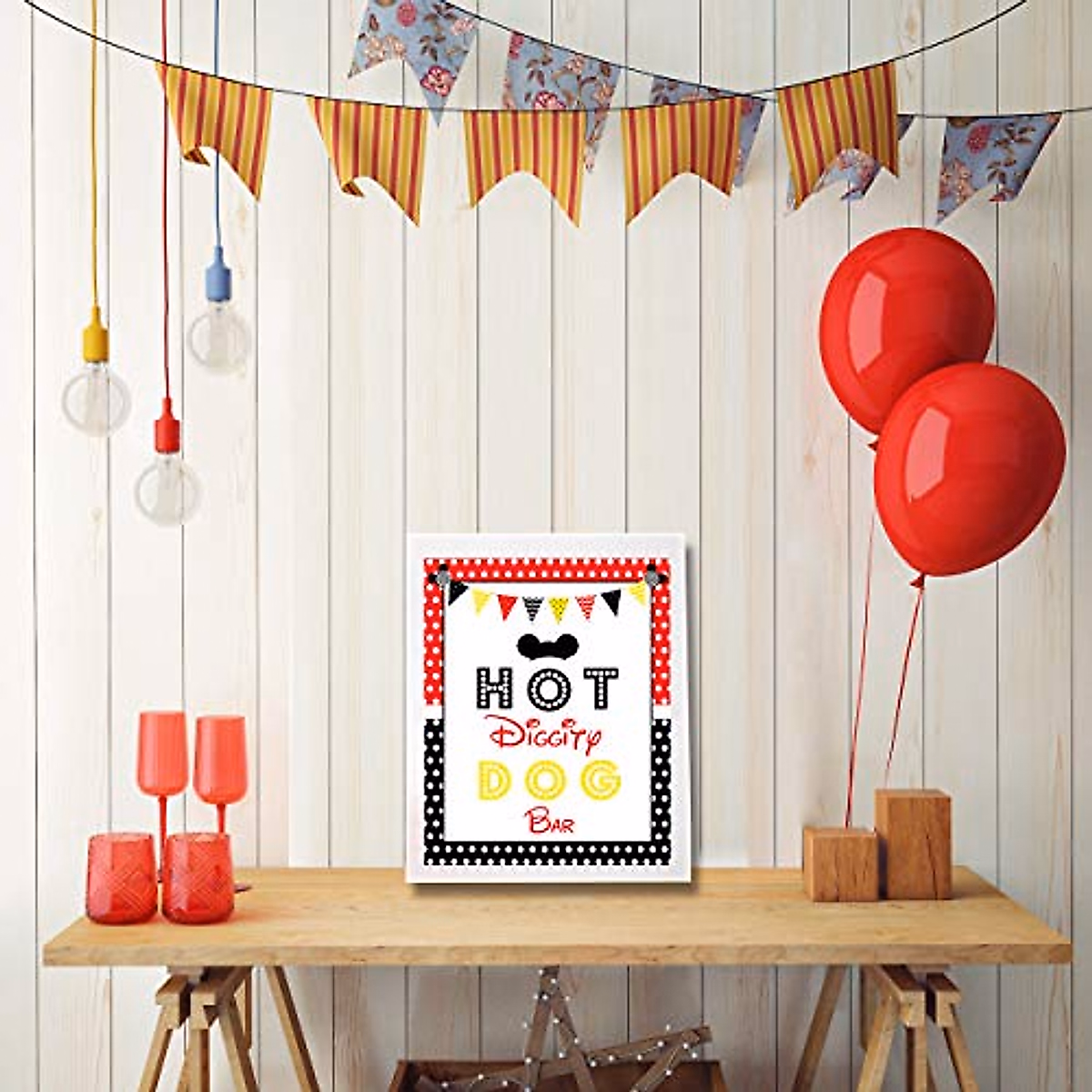 Mickey Party Sign Set of 4-8 x 10 inch Mickey Mouse Party Supplies Birthday Sign Printed in Card stock | Mickey Mouse Clubhouse Inspired Door Signs | Food Labels Disney Decorations Hot Dog Bar Decor