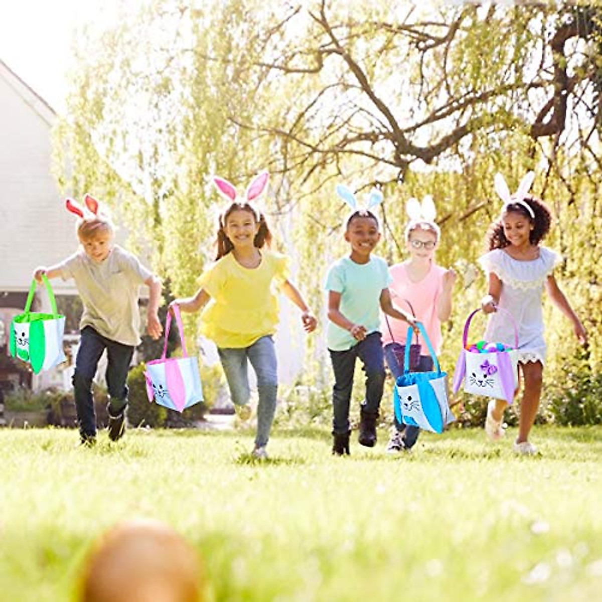 Poptrend Easter Basket Bags,Bunny Easter Bucket，Easter Eggs/Gift Baskets for Kids,Bunny Tote Bag Bucket for Easter Eggs,Toys, Candy,Gifts (Blue)