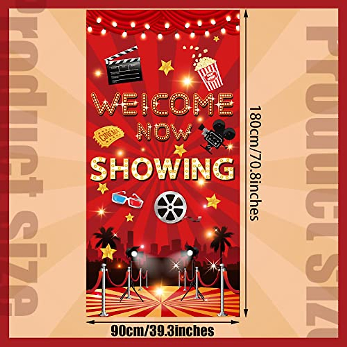 Movie Night Party Door Cover Sign Movie Theme Party Decorations Theater Movie Night Supplies Welcome Now Showing Movie Night Party Backdrop for Wedding Theater Birthday Accessory, 71 x 35.4 Inches