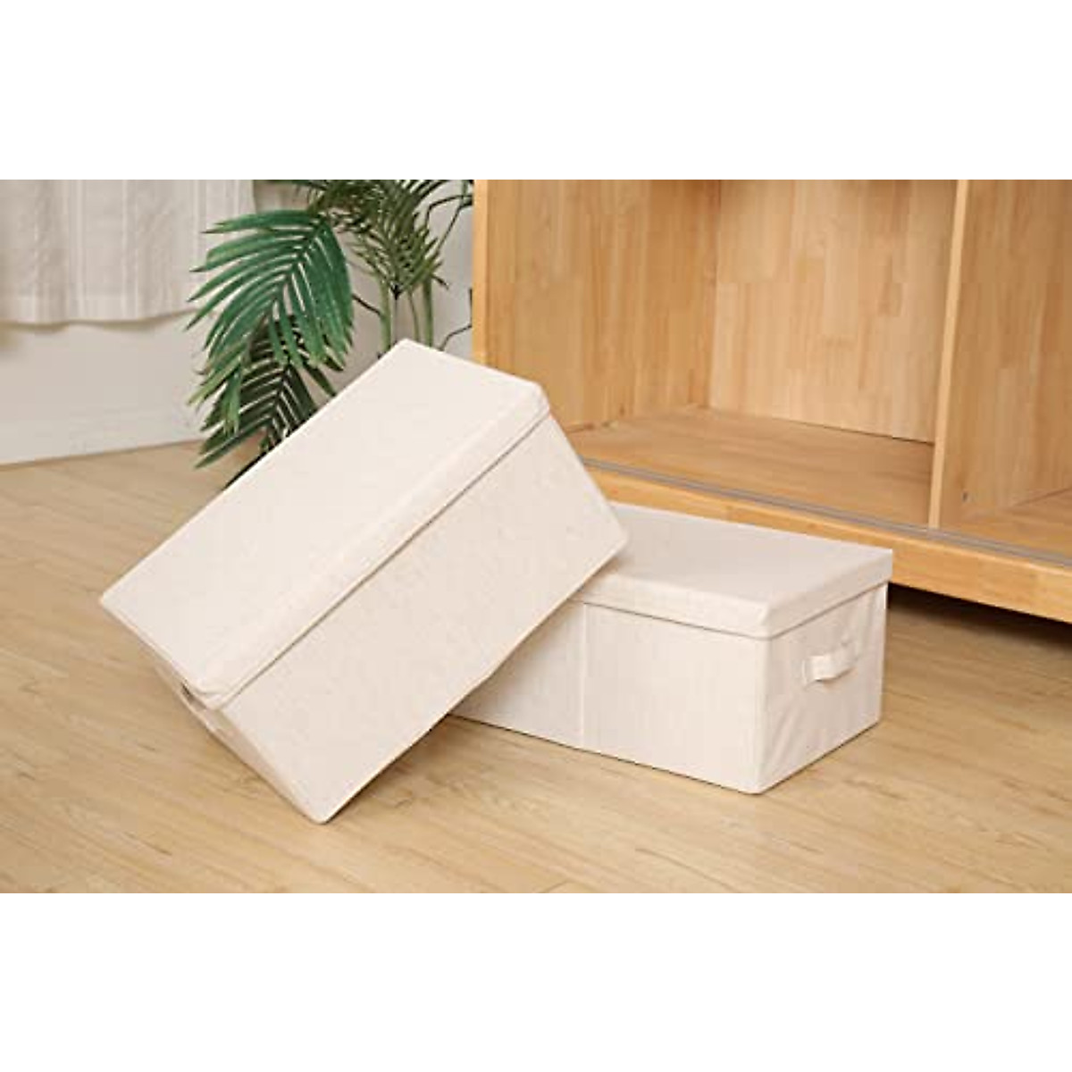 Storage Bin 2 Pack, Large Storage Bins with Lids, Vailando Decorative Storage Boxes Fabric Cotton Linen Collapsible Basket for Bedroom Closet Shelves Office Nursery ( Beige)