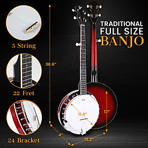 Pyle Banjo Kit with Remo Head and Sapele Resonator, 39" Full Size Traditional Open or Closed Back 5 String Instrument with 24 Brackets, Geared 5th Tuner, Premium Accessory Kit (Red Burst)