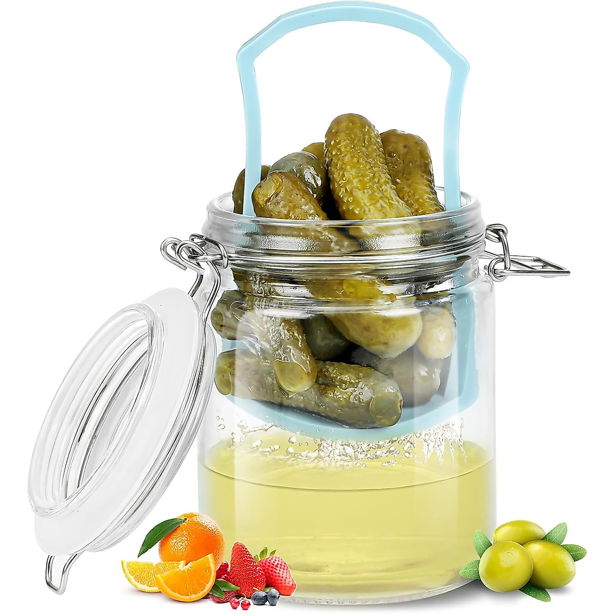 Glass Pickle Jar with Strainer, 25oz Pickle Container with Pickle Holder Keeper Lifter, Pickle Storage Flip Jar for Olives, Gherkins, Sliced Pickles