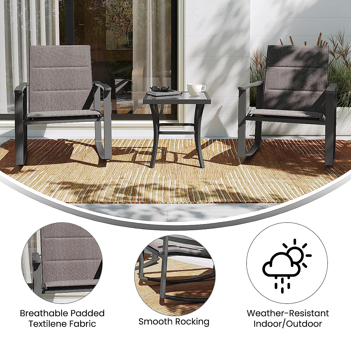 Flash Furniture FV-FSC-2315-GRY-GG Brazos Outdoor Rocking Chair Bistro Flex Comfort Material and Metal Framed Glass Top Table, 3-Piece Set, Gray/Black