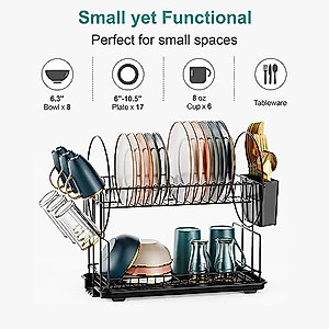 iSPECLE Dish Drying Rack - 2 Tier Small Dish Racks for Kitchen Counter with Glass Holder, Utensil Holder and Drainboard, Small Dish Dryer Rack, Multifunctional Dish Drainer, Black