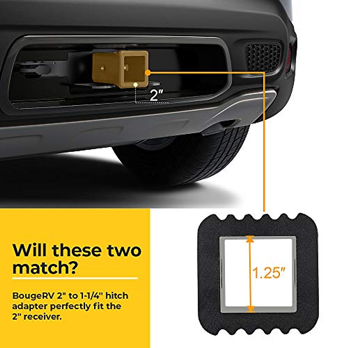 BougeRV 2 inches to 1-1/4 inches Trailer Hitch Adapter 2 inches to 1.25 inches Hitch Adapter Insert Sleeve Receiver Converter for Bike Rack and Cargo Carriers