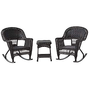 Jeco 3 Piece Rocker Wicker Chair Set, Black