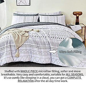RYNGHIPY Boho Comforter Set Full Size: White Grey Geometric Bed in a Bag for Men Boys - All Season Comfoter with Sheets Pillowcases Soft Microfiber (White,Full Size)