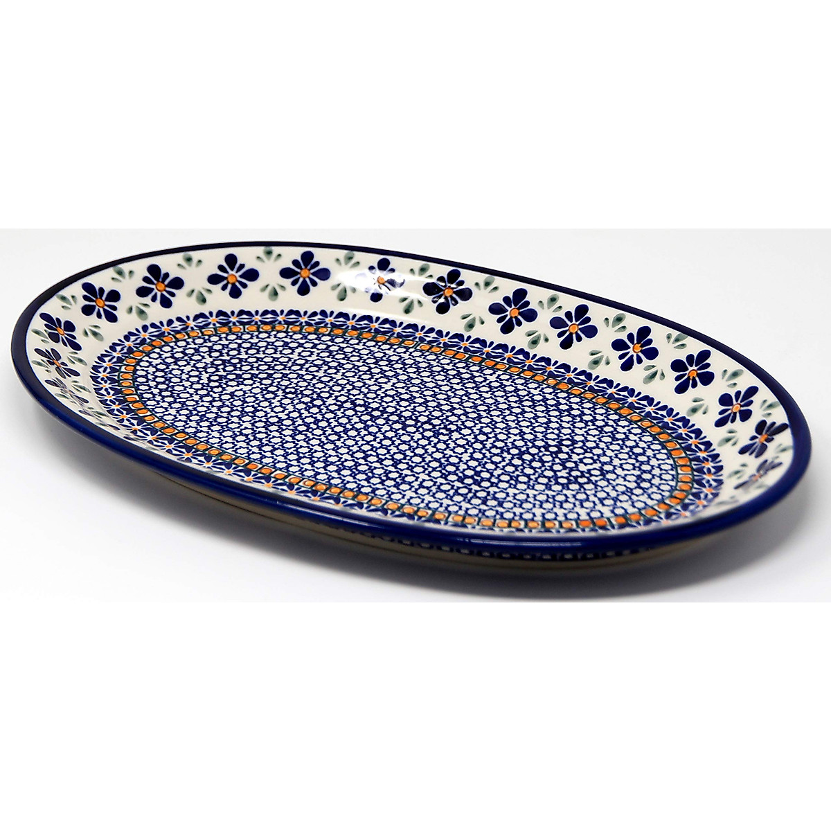 Polish Pottery Oval Serving Platter From Zaklady Ceramiczne Boleslawiec Mosaic Flower Pattern, Dimensions: 14 Inch X 9 Inch
