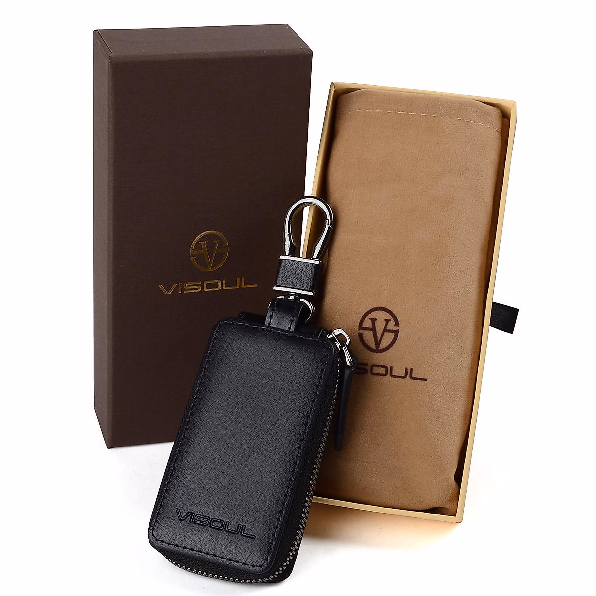 VISOUL Car Key Case, Italy Leather Car Smart Key Fob Zipper Case with Keychain and Metal Hook (A02-Black)