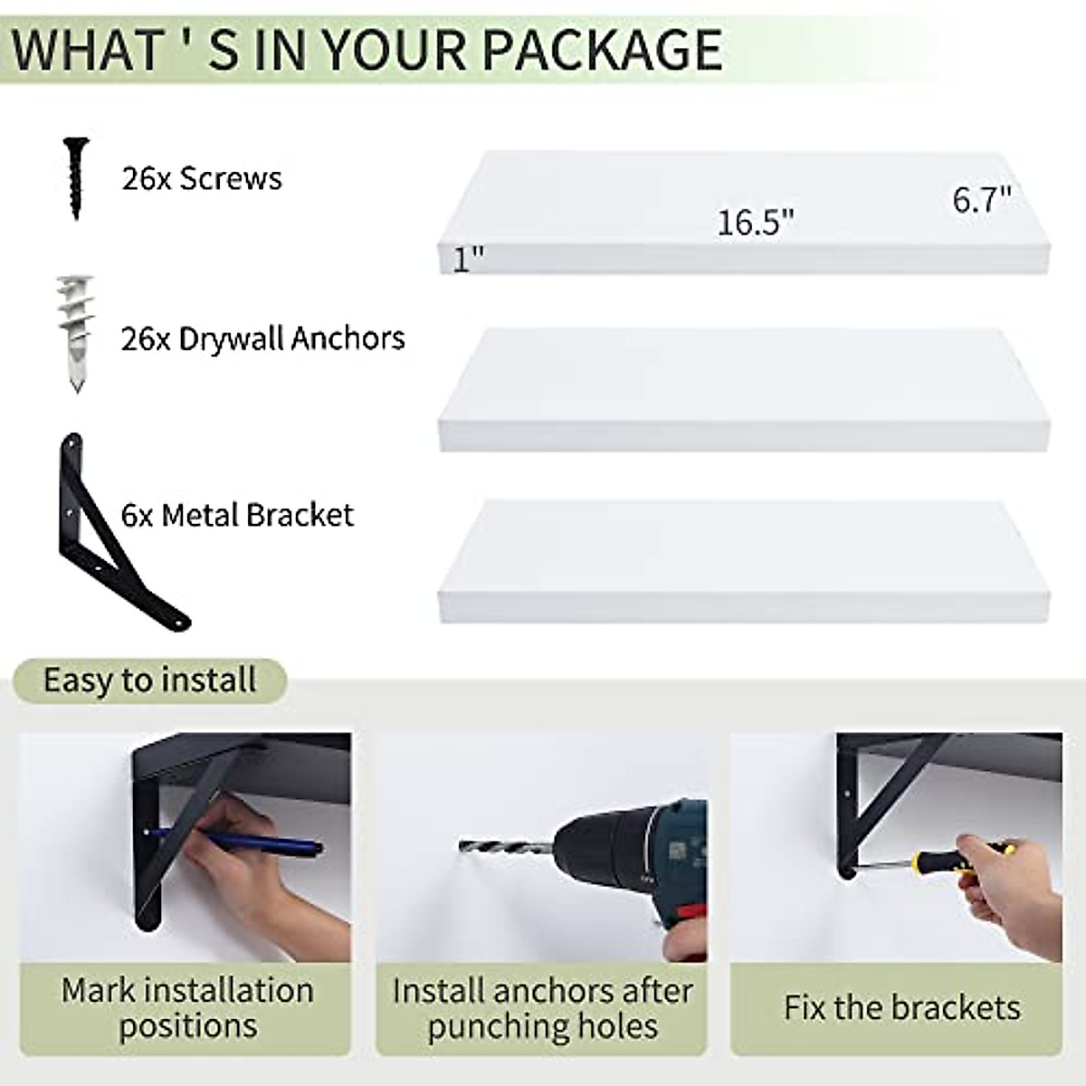 fuqing® White Floating Shelves Wall Mounted Set of 3, Wood Wall Shelves for Bedroom, Bathroom, Living Room, Kitchen, Laundry Room Storage & Decoration