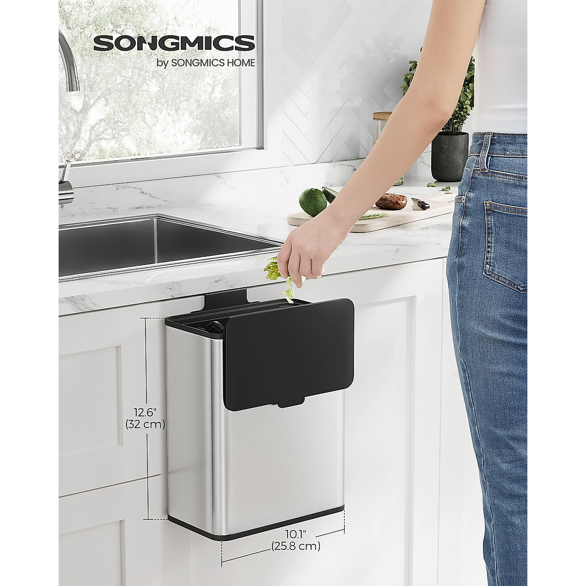 SONGMICS Hanging Trash Can, 2.1-Gallon (8 L) Small Kitchen Garbage Can with Lid, Cabinet Door Hanging or Wall-Mounted with Hooks, for Under Sink, Bathrooms, Metallic Silver ULTB810E08