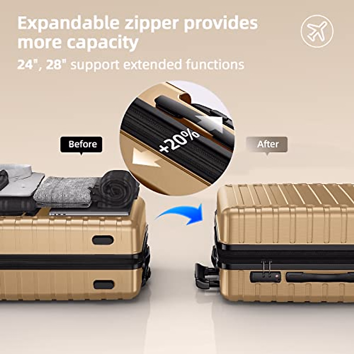 SHOWKOO Luggage Sets Expandable ABS Hardshell 3pcs Clearance Luggage Hardside Lightweight Durable Suitcase sets Spinner Wheels Suitcase with TSA Lock (Gold)