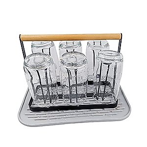 Mukkuri Cup Drying Rack Stand,Beer Glasses Rack 6 Cup Metal Drainer Holder Rack Non-Slip Mugs Cups Organizer with Wood Handle, Black