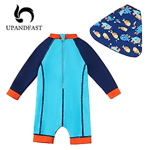 upandfast Baby Boy Swimsuit UPF 50 One Piece Infant Boy Bathing Suit with Sun Hat(Blue,6-9 Months)