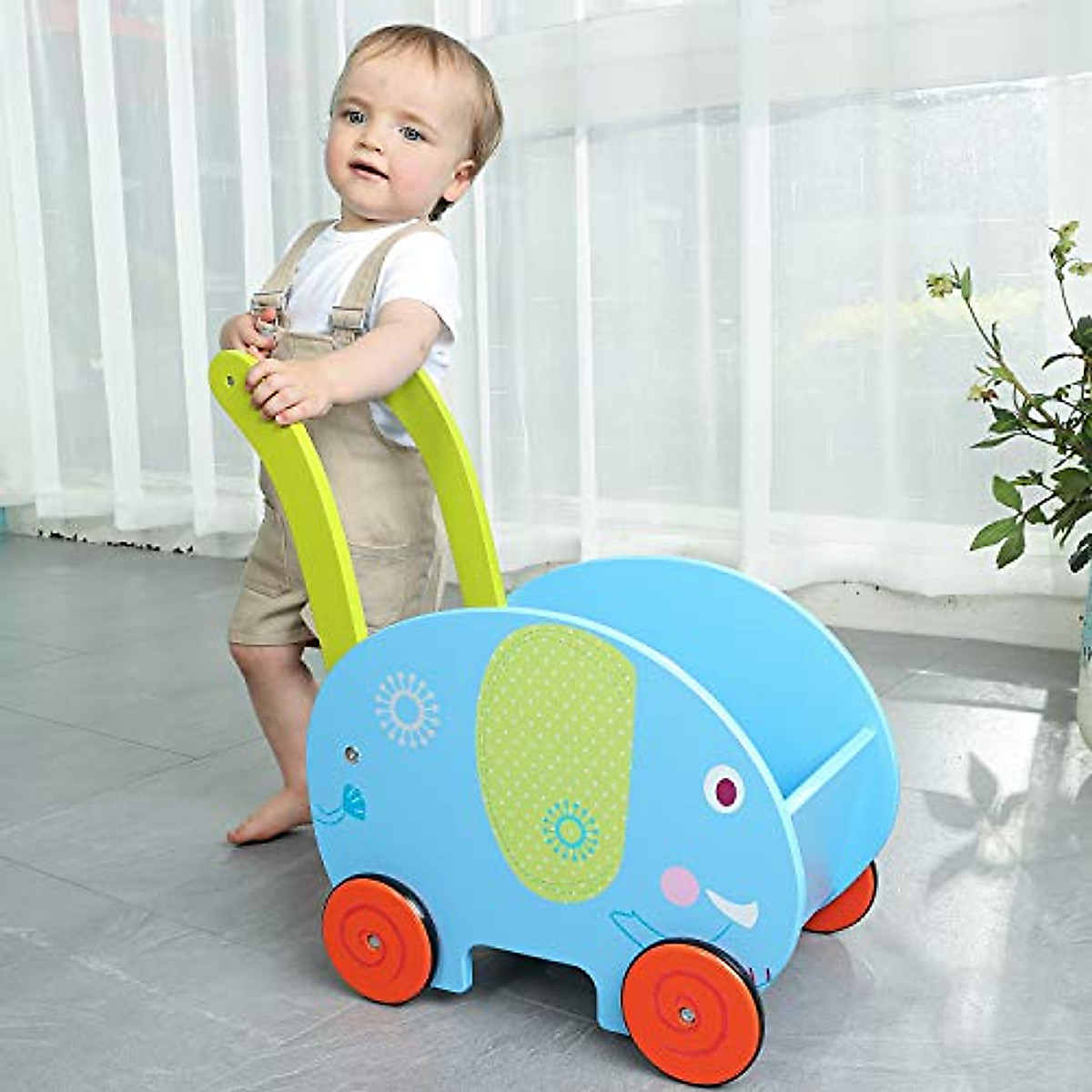 labebe - Baby Learning Walker Toy 4 Wheels Blue, Kid Push/Pull Wagon Cart, Push Toy Stroller Elephant for Toddler 1-3 Years OldGirl&Boy, Shopping Cart Toy, Wooden Wagon for Infant