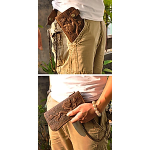 Le'aokuu Mens Genuine Leather Bifold Wallet Organizer Checkbook Iron Chain(0 1088 Dragon Light Brown)