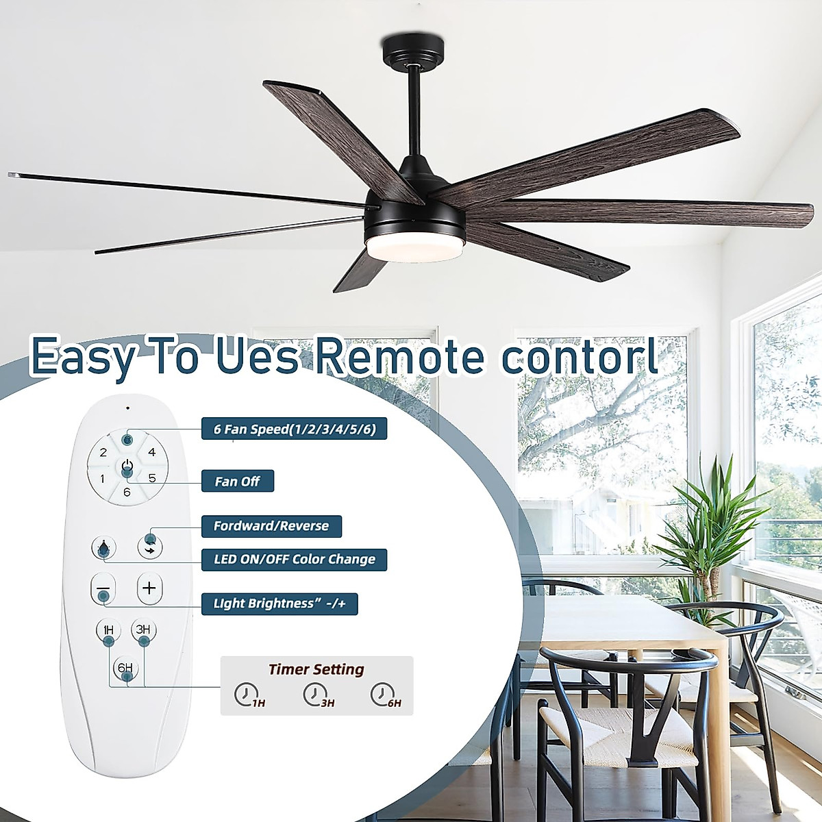 Viossn Ceiling Fans with Lights and Remote, 72 Inch Large Ceiling Fan with Light 7 Blades,Reversible, Dimmable, Outdoor Ceiling Fan with 20" Downrods for Bedroom Living Room Patio