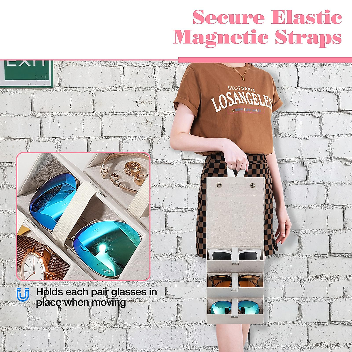 MoKo Sunglasses Organizer with 3 Slots, Foldable Travel Glasses Storage Case Holder Eyewear Display Box, White + Beige