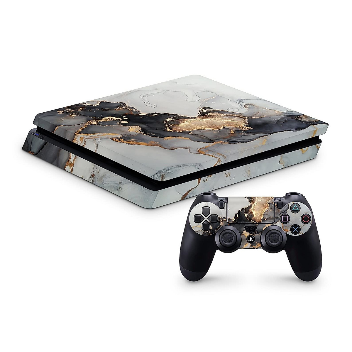 ZOOMHITSKINS Compatible with PS4 Slim Skin, Silver Grey Marble Gold Black Quartz, Durable & Fit, 3M Vinyl, Made in The USA