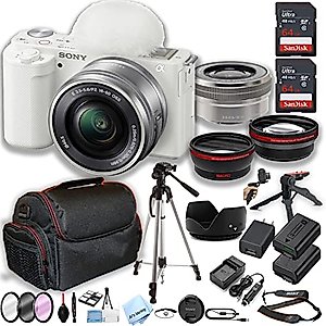 Sony ZV-E10 (White) Mirrorless Camera with 16-50mm Lens 2pcs 64GB Memory + Case+ Tripod + Steady Grip Pod + Filters + Macro + 2X Lens + 2X Batteries + More (34pc Bundle)