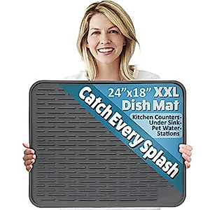 XXL Silicone Dish Drying Mat for Kitchen Counter, 24" x 18" Extra Large, Waterproof Pet Feeding Mat, Dog Food, Water Bowls, Under Drying Racks for Dishes, Coffee Bars, Bar Mats (Slate Grey)