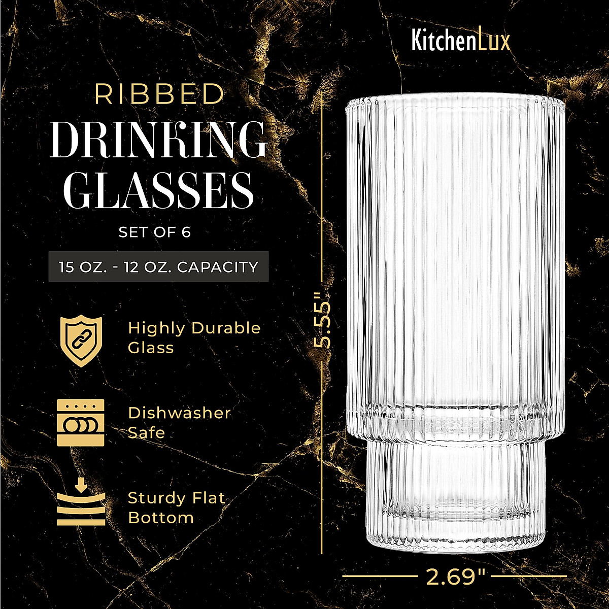 Kitchen Lux Ribbed Drinking Glasses - Ribbed Glass Cups 12 oz - Ribbed Glassware Set of 6 - Textured Vintage Retro Ripple Aesthetic Glass Ware for Whiskey Cocktail Beer Water, Coffee Bar Accessories