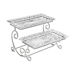 Godinger Silver Art Dublin 2 Tiered Glass Buffet Serving Tray - Chrome Plated Platter Stand with Starburst Design - Party and Event Dessert and Food Display Server